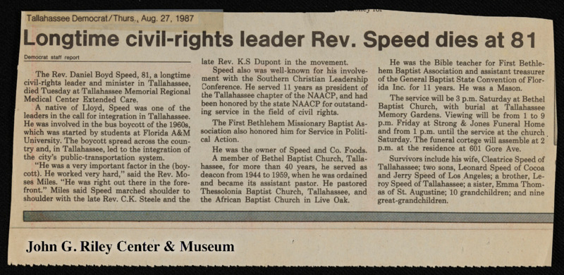 Reverend Daniel Boyd Speed Death Announcement and Obituary · Museum ...